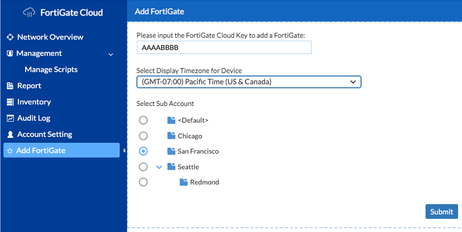 Adding a FortiGate with a FortiCloud key | FortiGate Cloud 25.3.0 | Fortinet Document Library